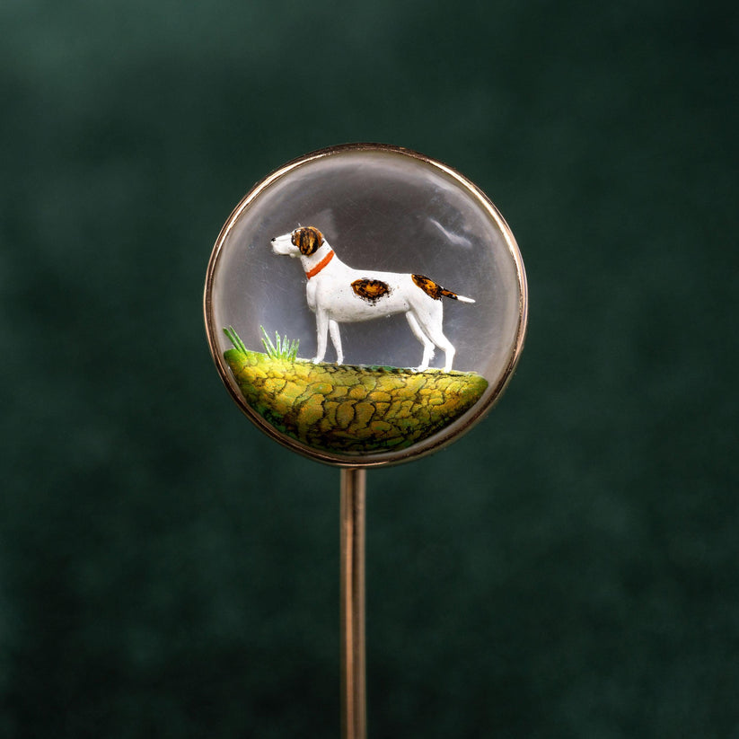 Antique 15ct Gold Essex Crystal Pointer Dog Lapel Stick Pin Circa 1900